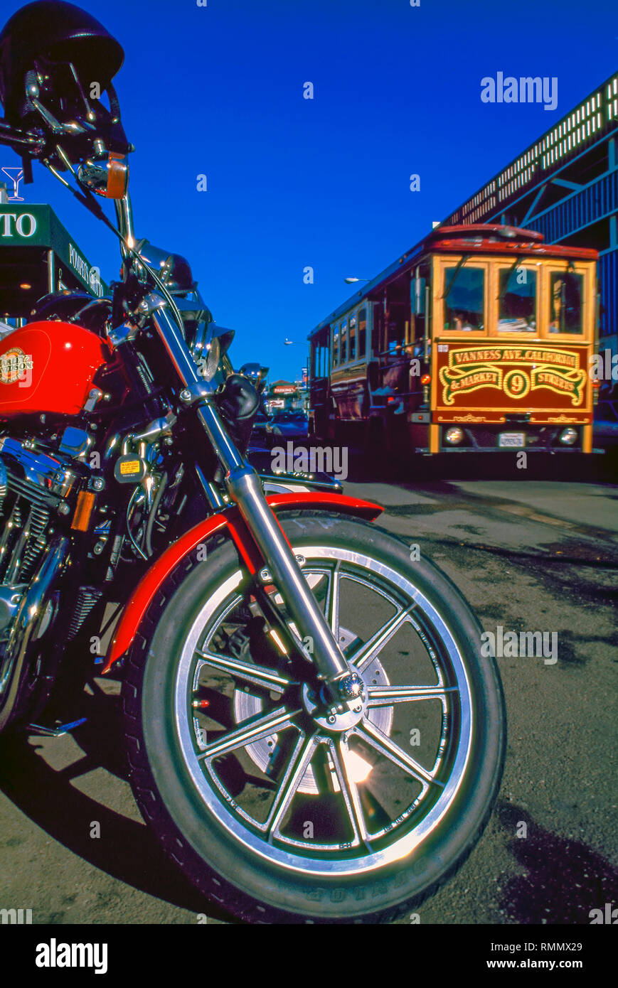 Harley Davidson and cable car, San Fransisco, California, USA Stock ...