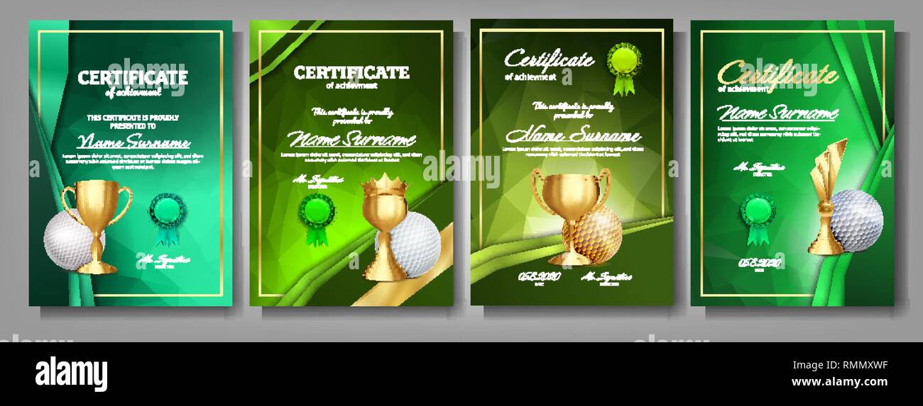 Golf Game Certificate Diploma With Golden Cup Set Vector. Sport Award ...
