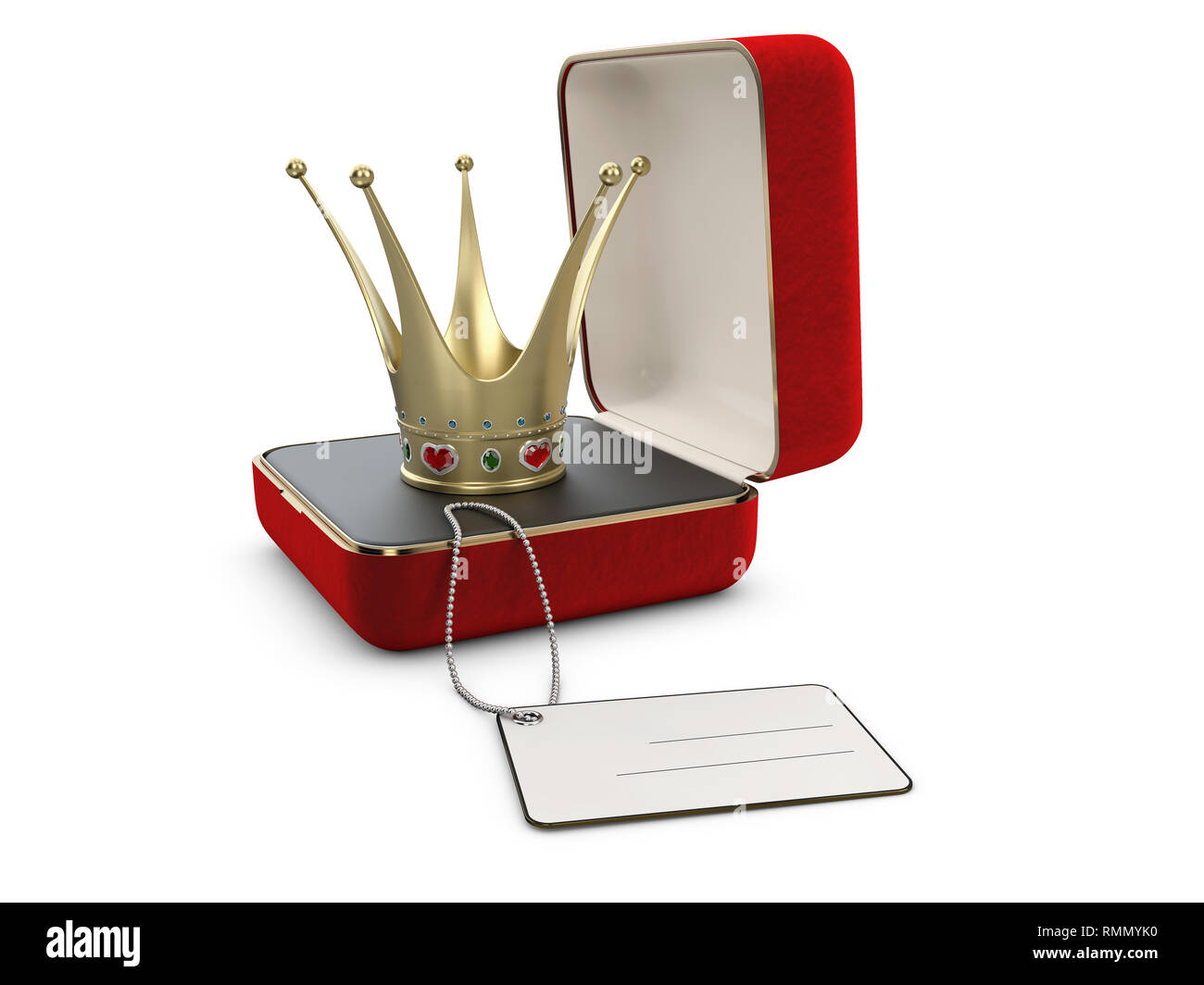 3d Illustration of red jewelry box with crown isolated on white Stock ...