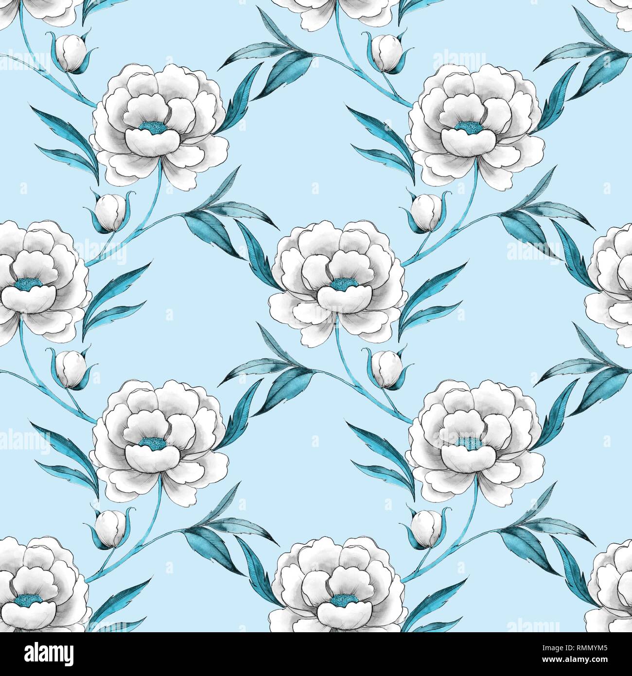Seamless pattern with hand drawn white flowers Stock Photo - Alamy