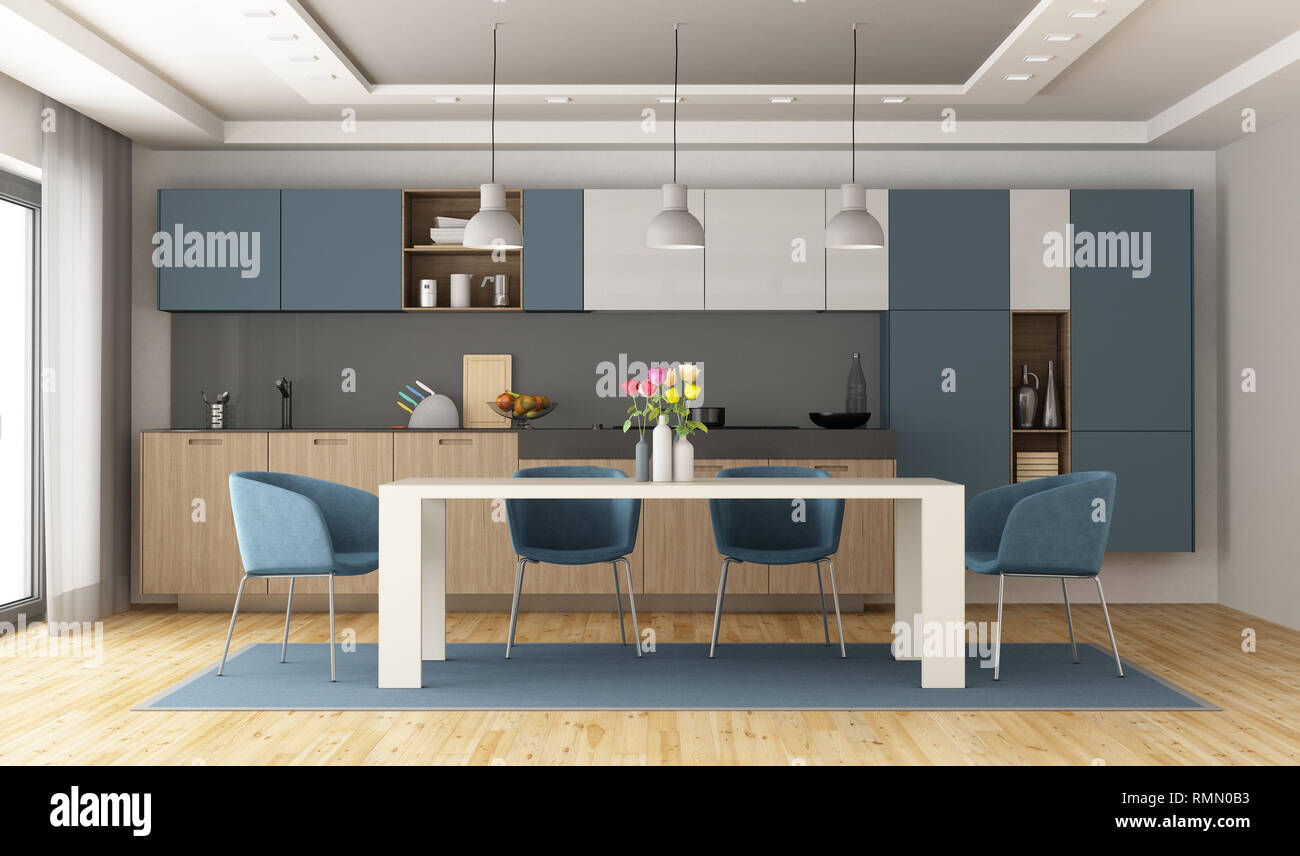 White and blue modern kitchen with diningtable - 3d rendering Stock ...