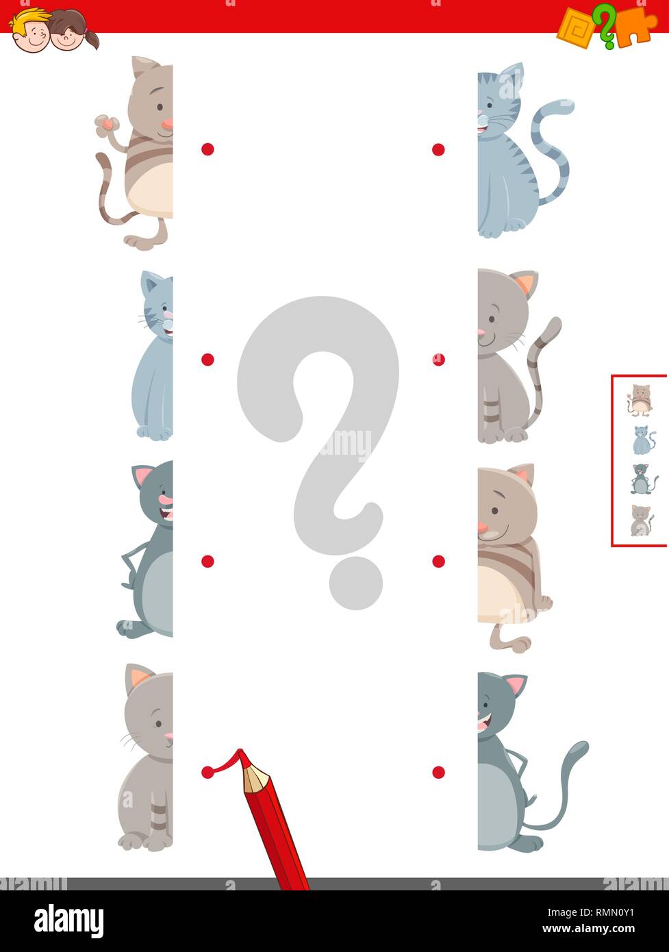 Cartoon Illustration of Educational Game of Matching Halves of Cute Cat ...