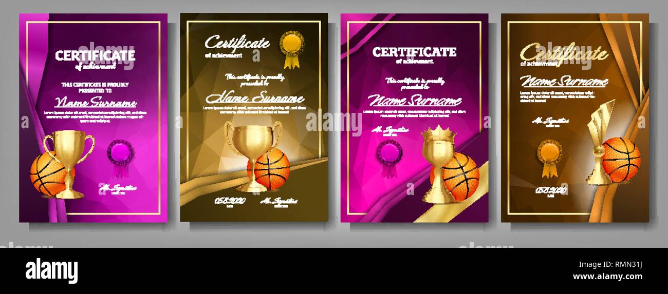 Basketball Game Certificate Diploma Golden Cup Set Vector. Sport Award ...