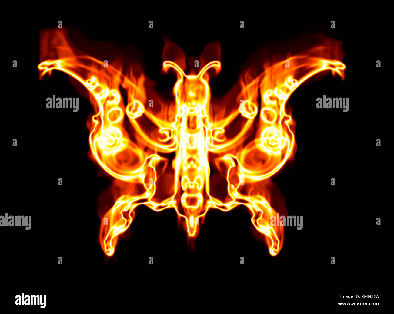 Illustration of burning fairy butterfly made of fire on a black ...