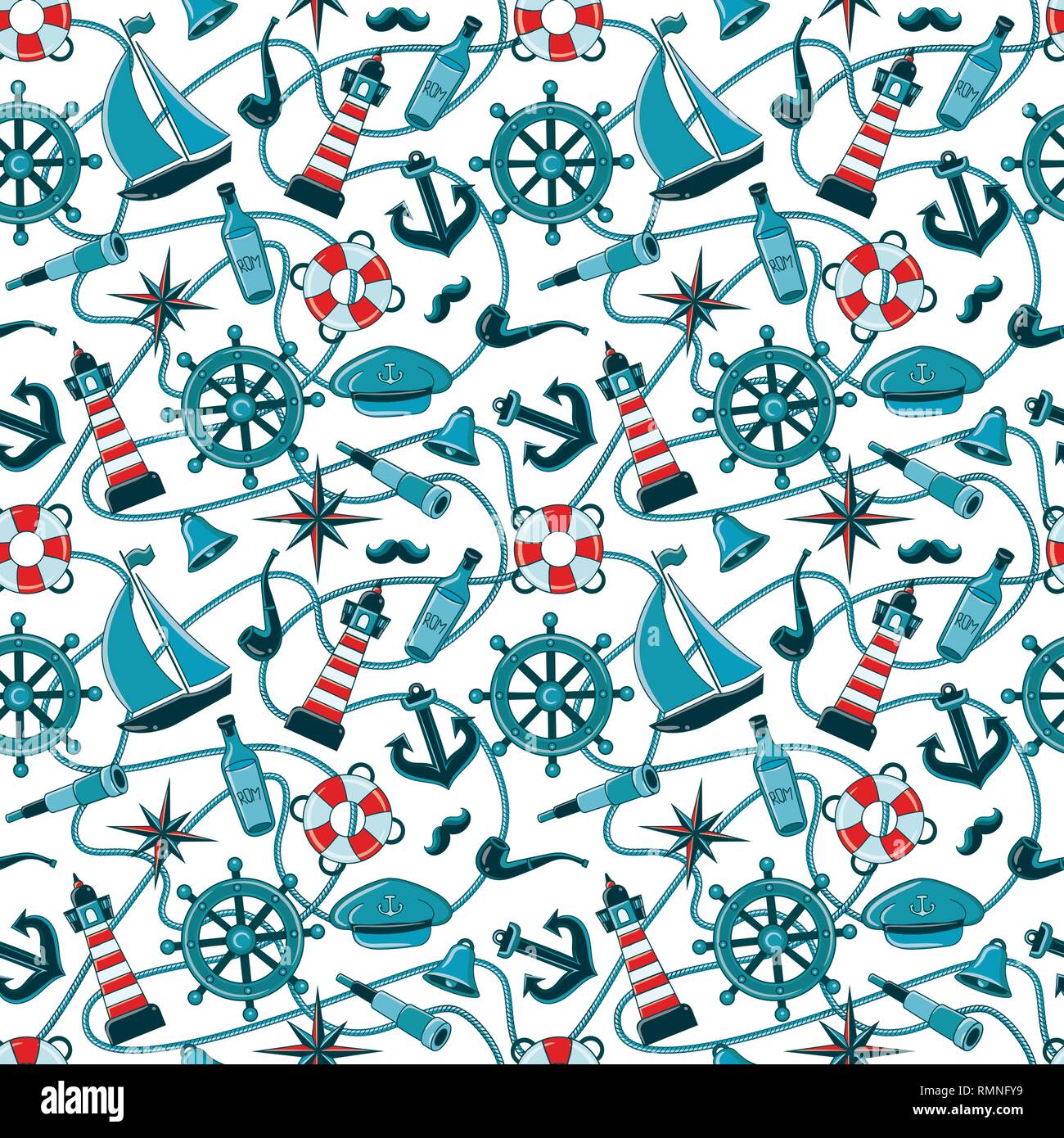 Sailor pattern. Seamless pattern of a pirate ship and attributes. hand ...