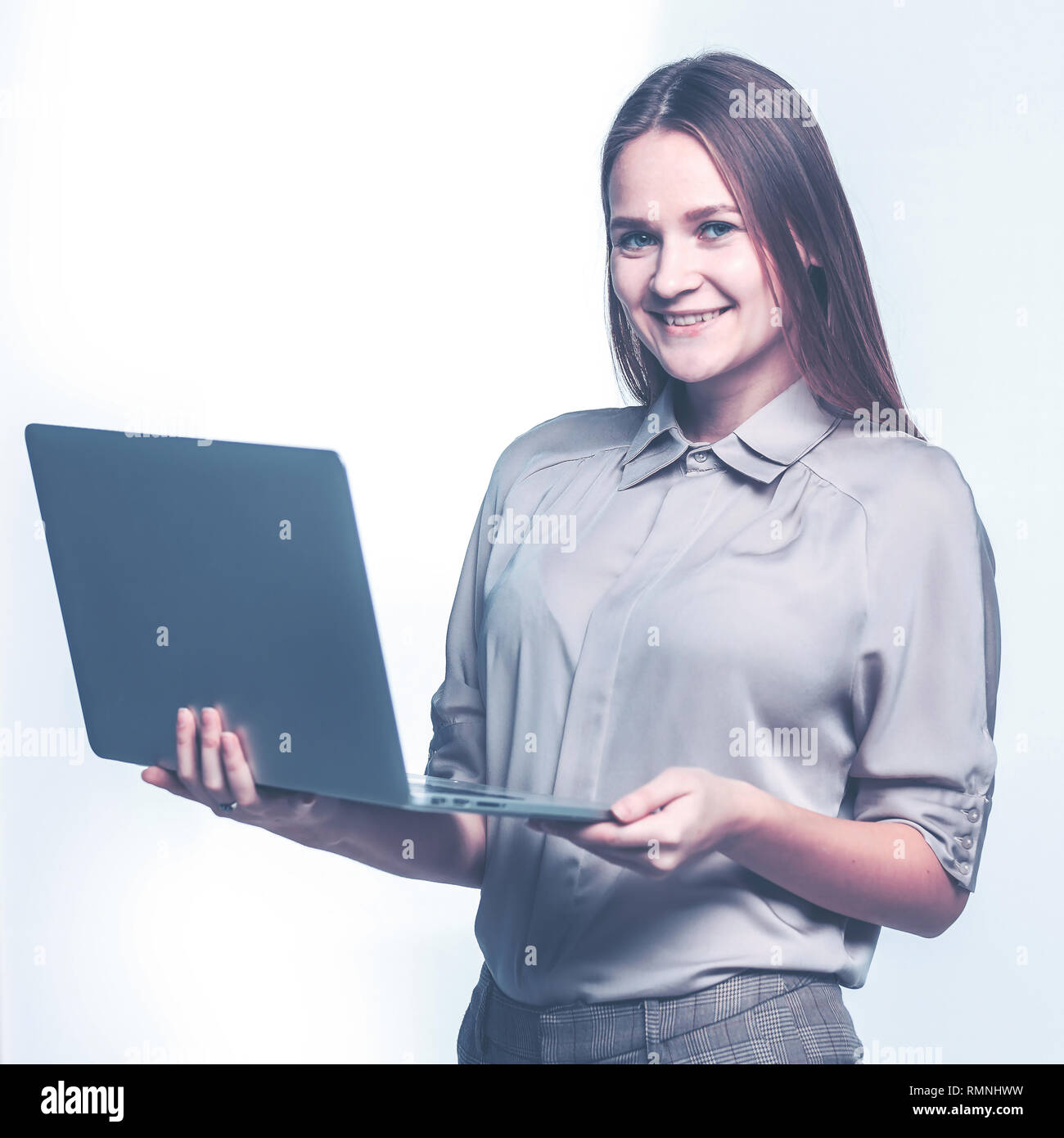 portrait of a woman administrator with laptop on white background Stock ...