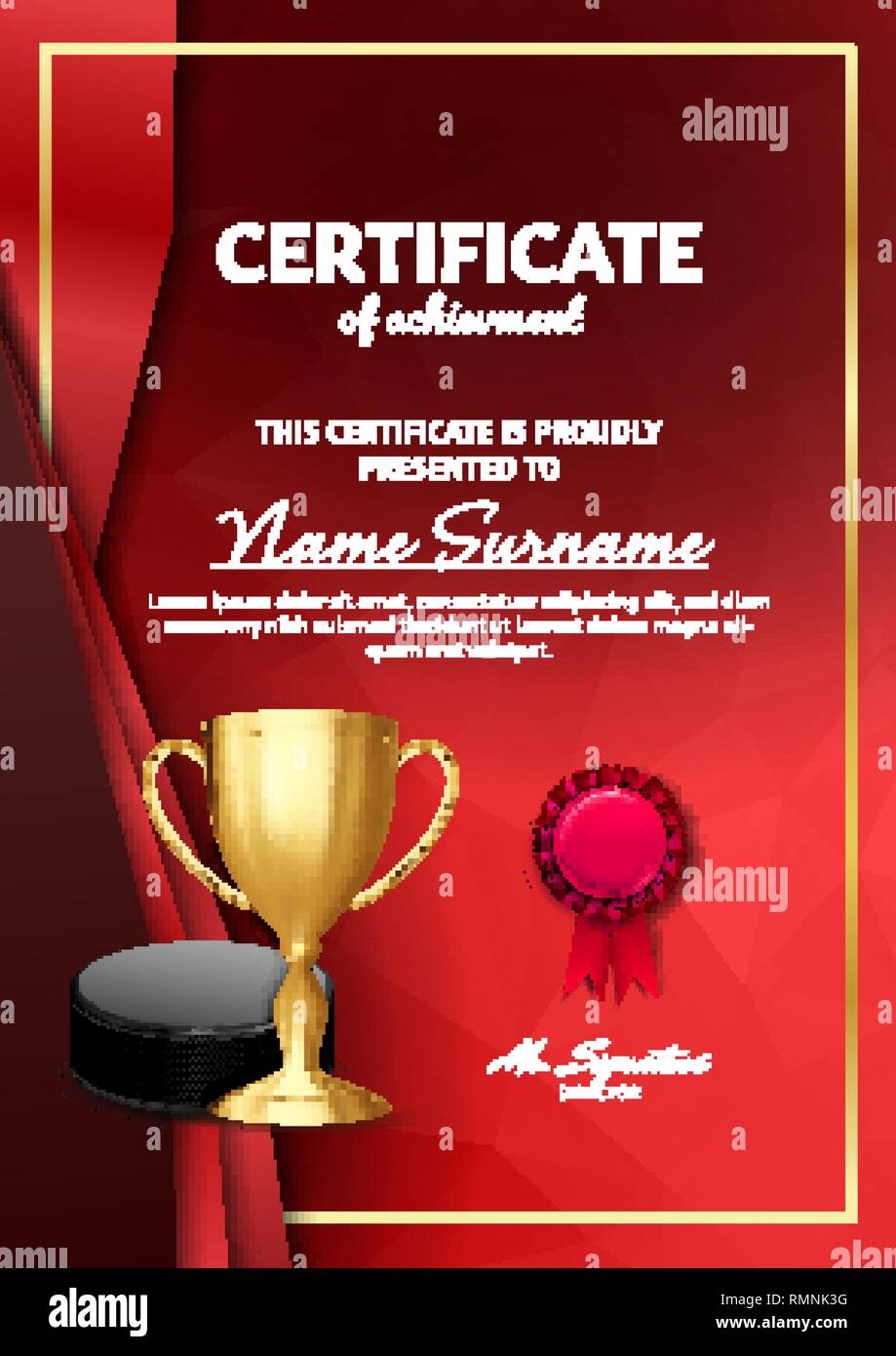 Ice Hockey Certificate Diploma With Golden Cup Vector. Sport Award ...