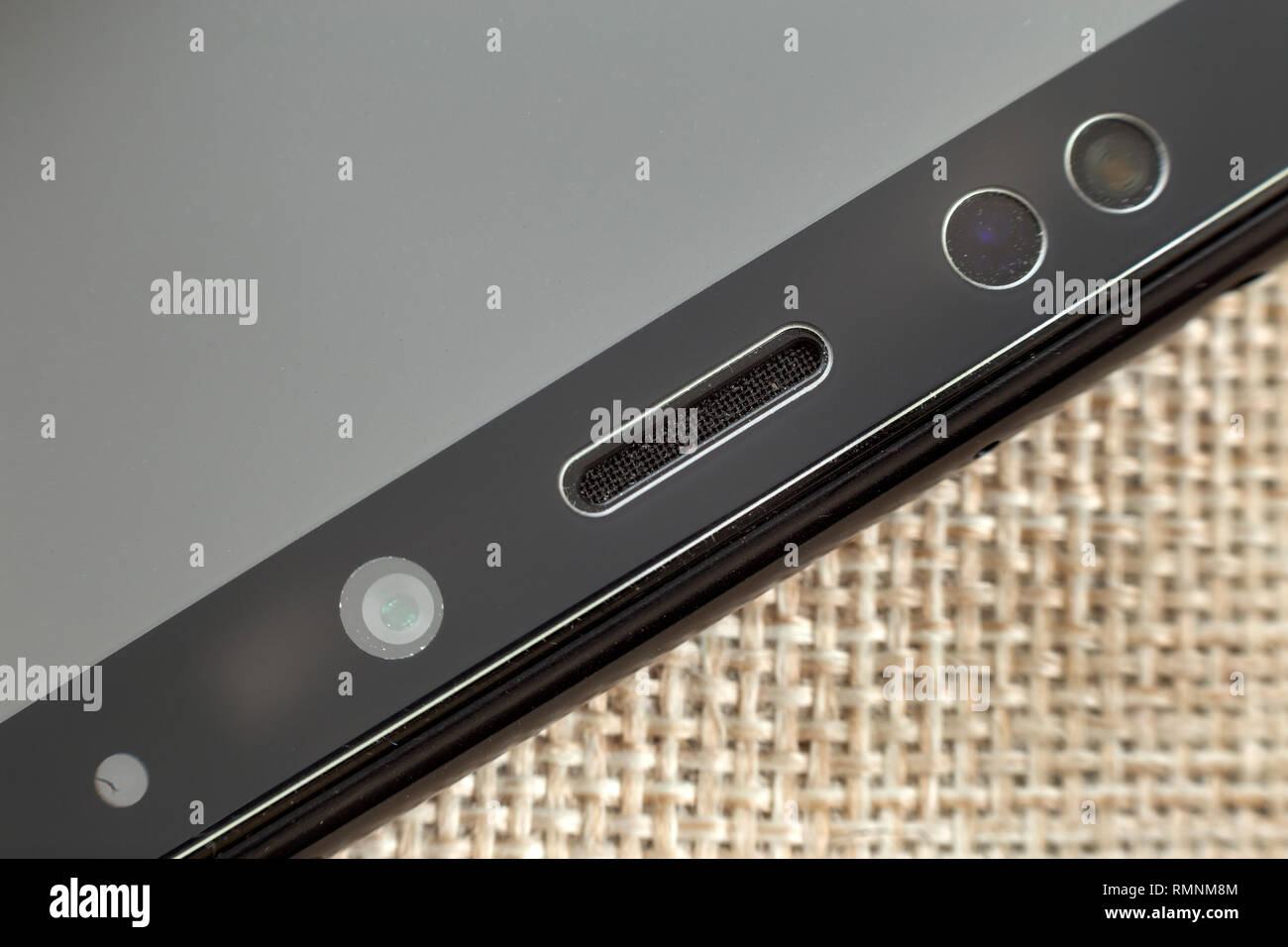 Close-up detai view of cellphone front camera, sensors and loudspeaker ...