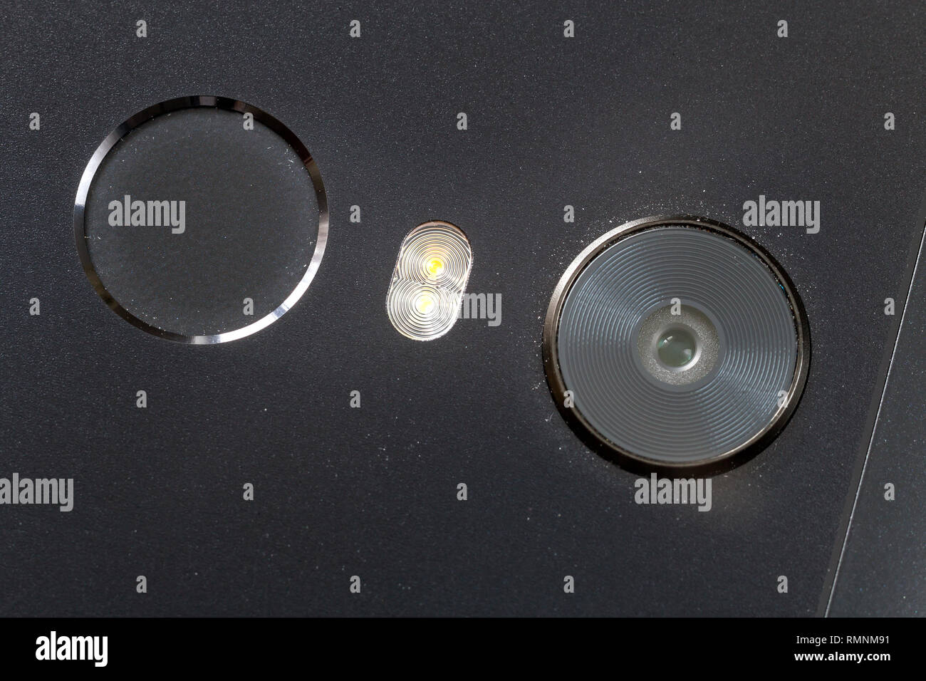 Close-up detail of cellphone with security thumb fingerprint scanning ...