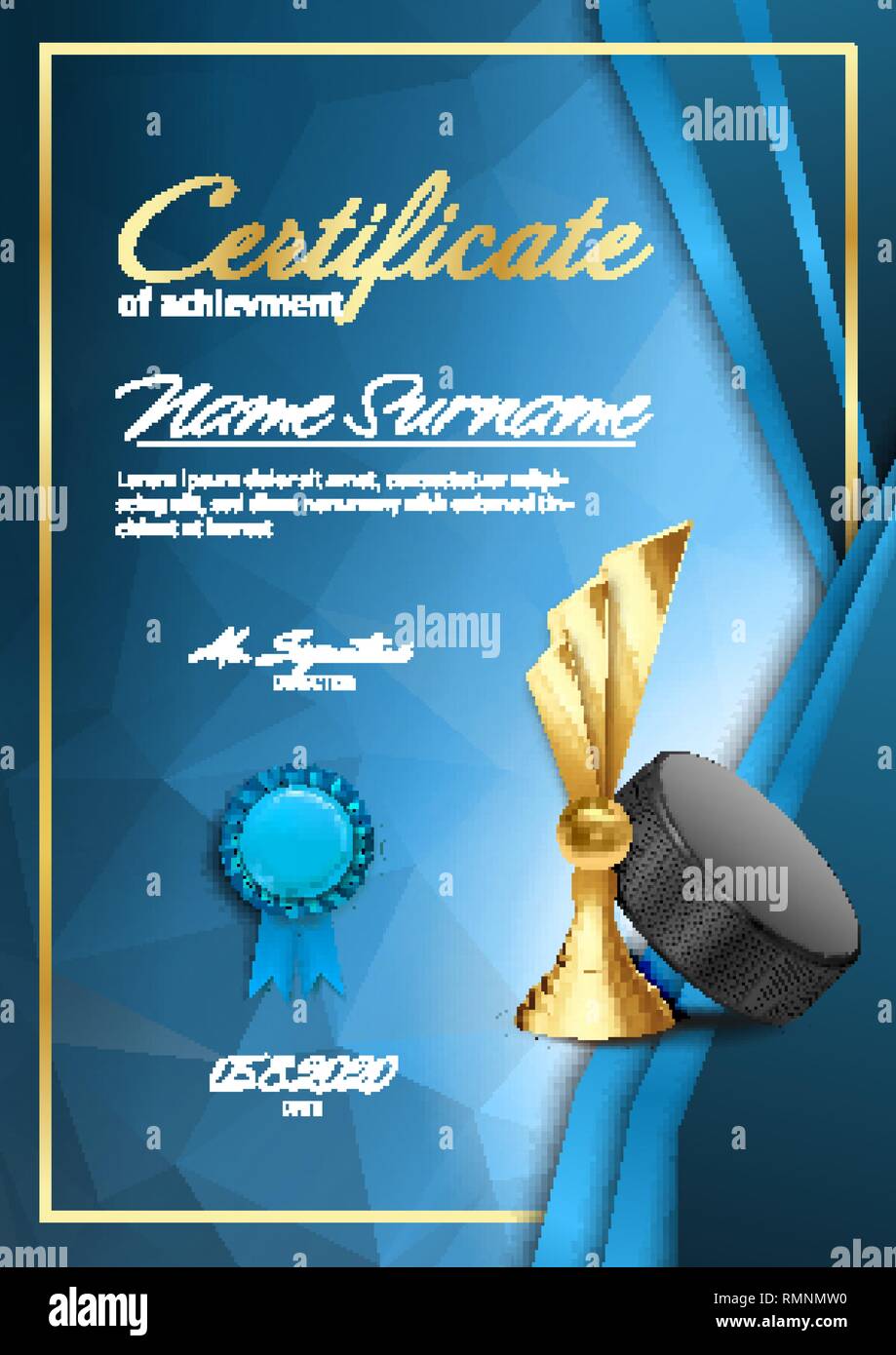 Ice Hockey Game Certificate Diploma With Golden Cup Vector. Sport ...