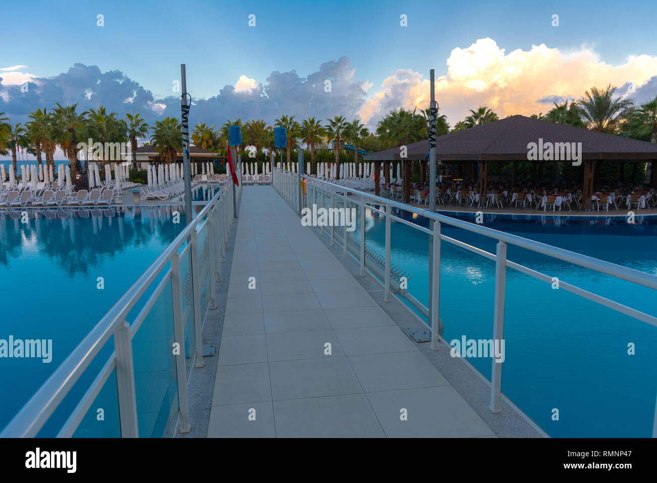 Alanya, Turkey - October 05, 2018. Beautiful pool in Kirman Sidera Luxury hotel with clear blue ...