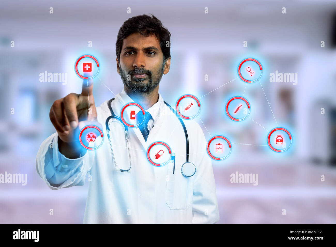 Indian male medic choosing red cross from medical symbols on invisible ...