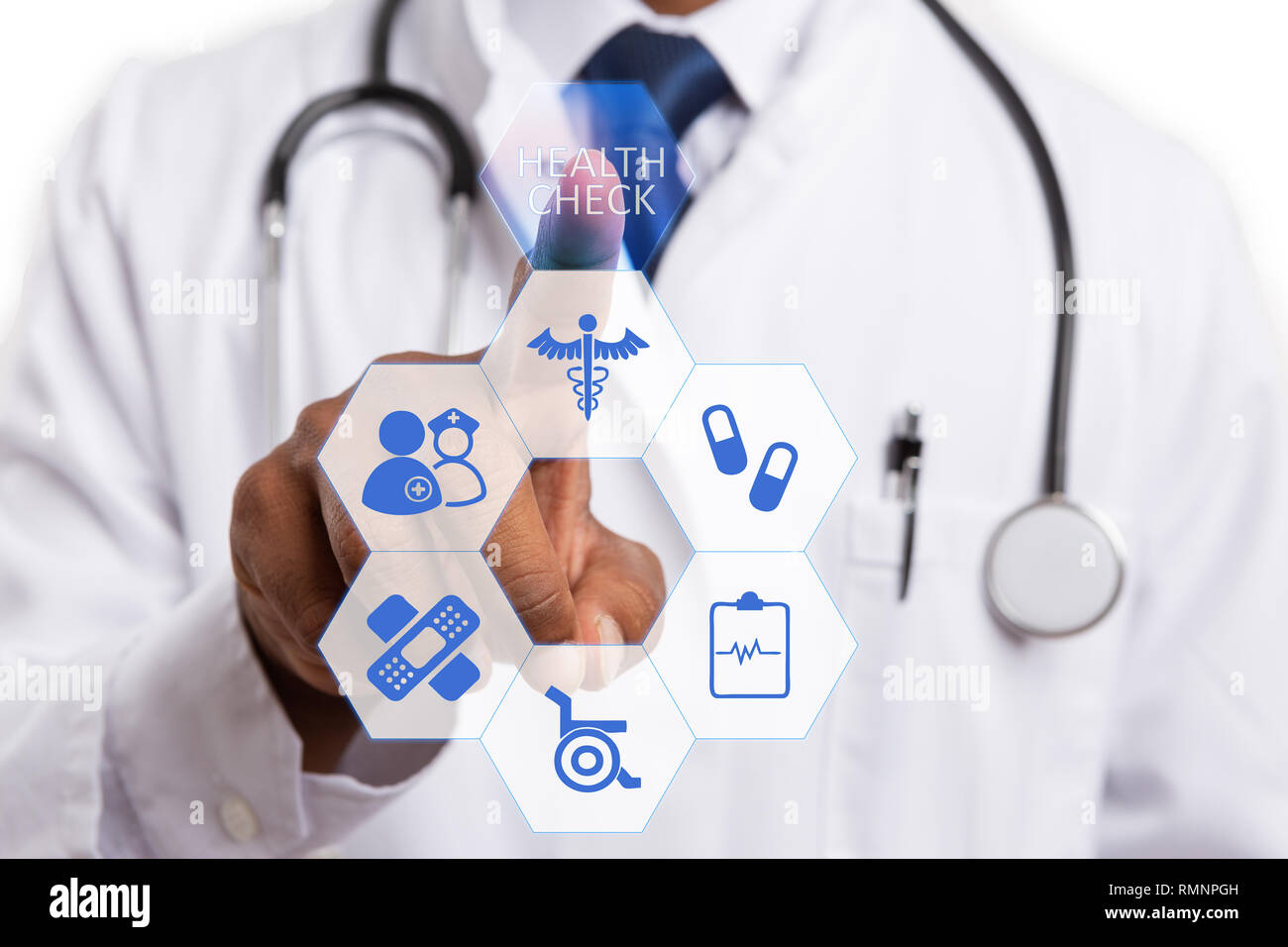 Indian male doctor using index finger to choose health check button on ...