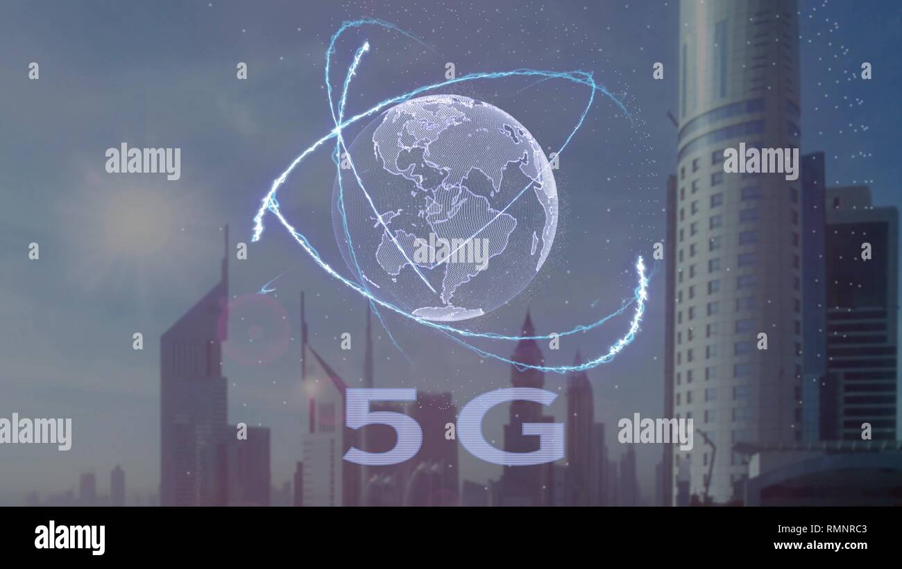 5G text with 3d hologram of the planet Earth against the backdrop of ...