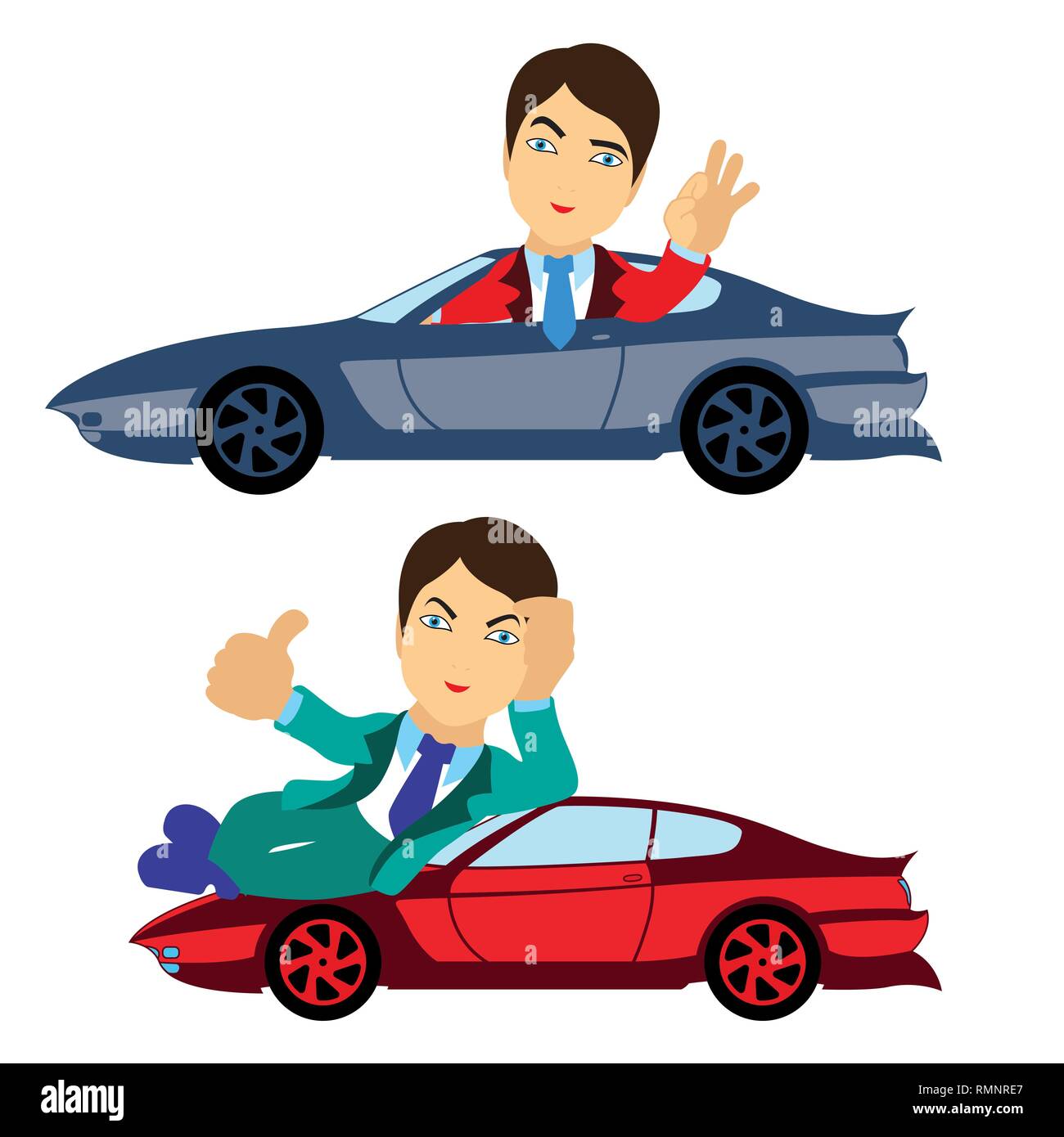 Set of two happy men in suit with nice cars, conceptual cartoon vector ...