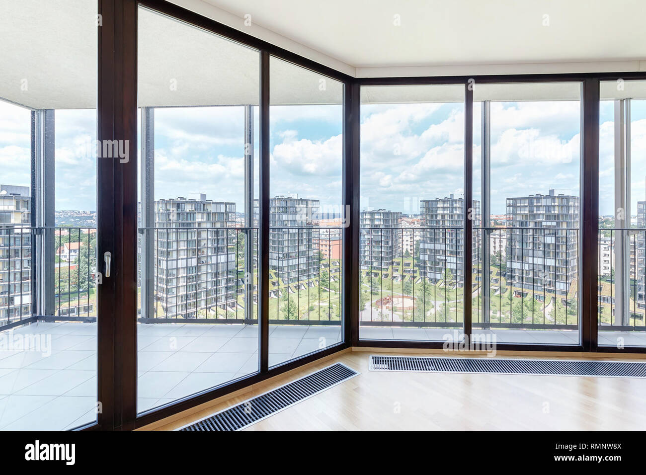 Modern white empty loft apartment interior with parquet floor and ...