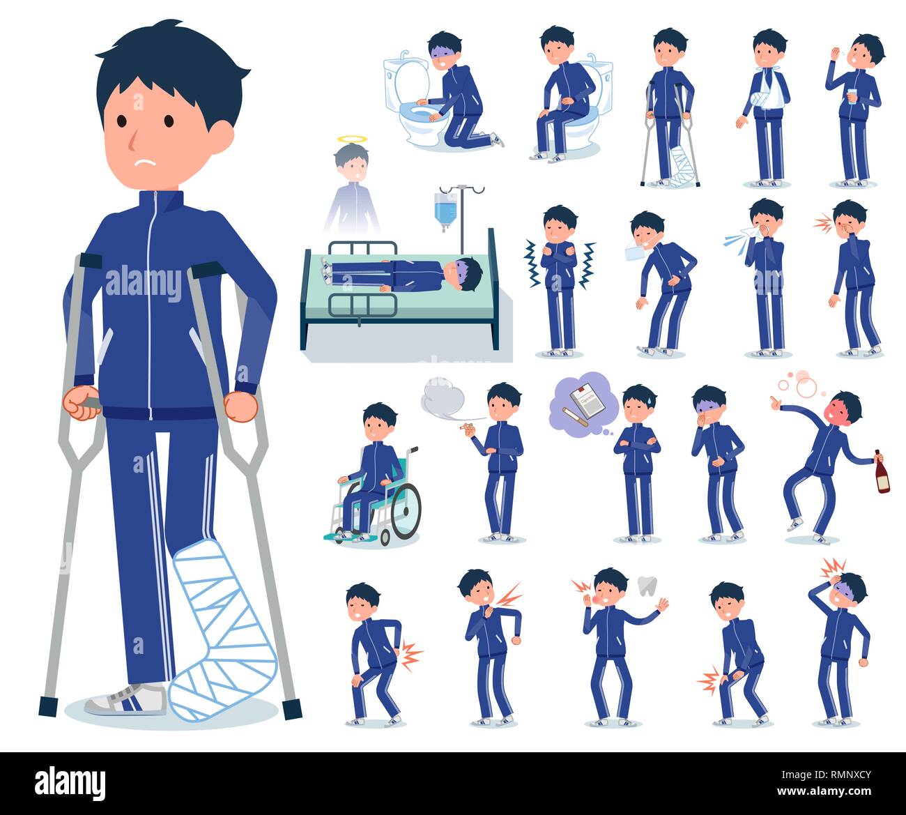 A set of school boy in sportswear with injury and illness.There are ...
