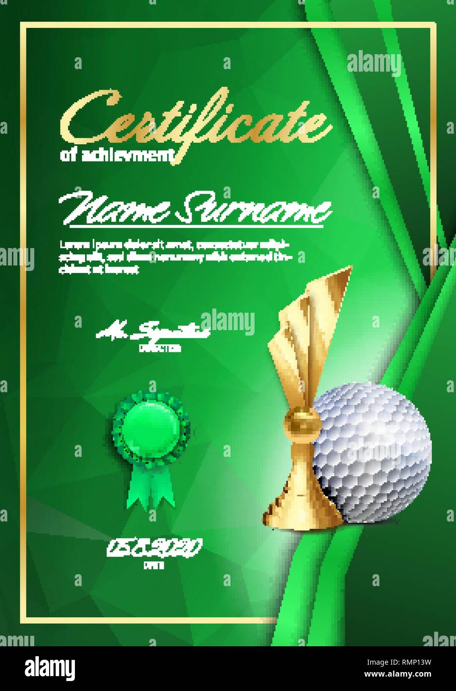 Golf Game Certificate Diploma With Golden Cup Vector. Sport Graduate ...