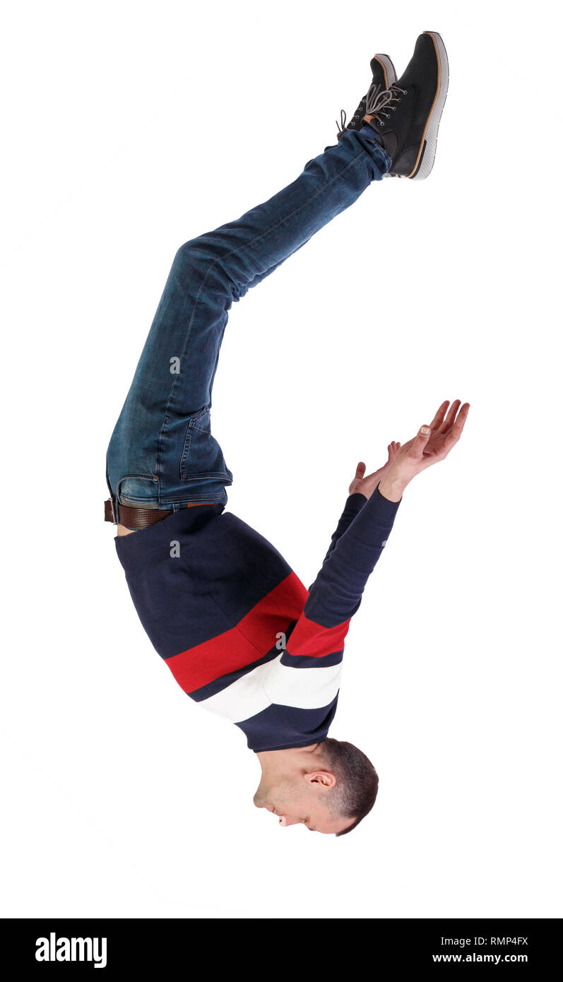 Side view of man in zero gravity or a fall. guy is flying, falling or ...