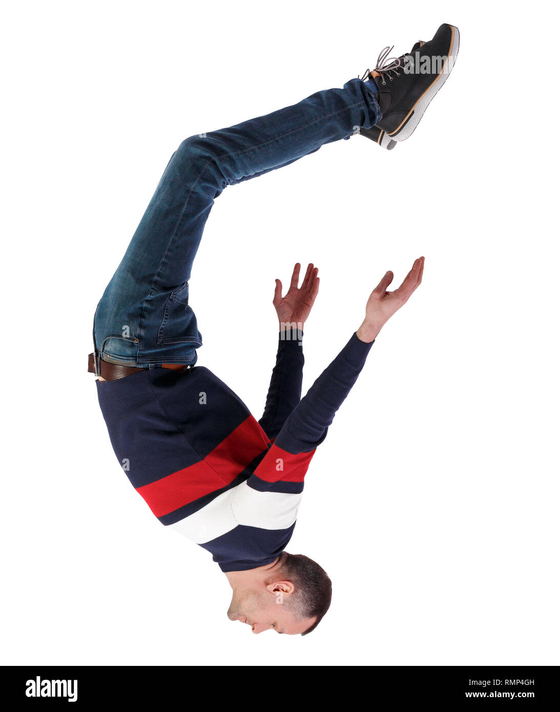 Side view of man in zero gravity or a fall. guy is flying, falling or ...