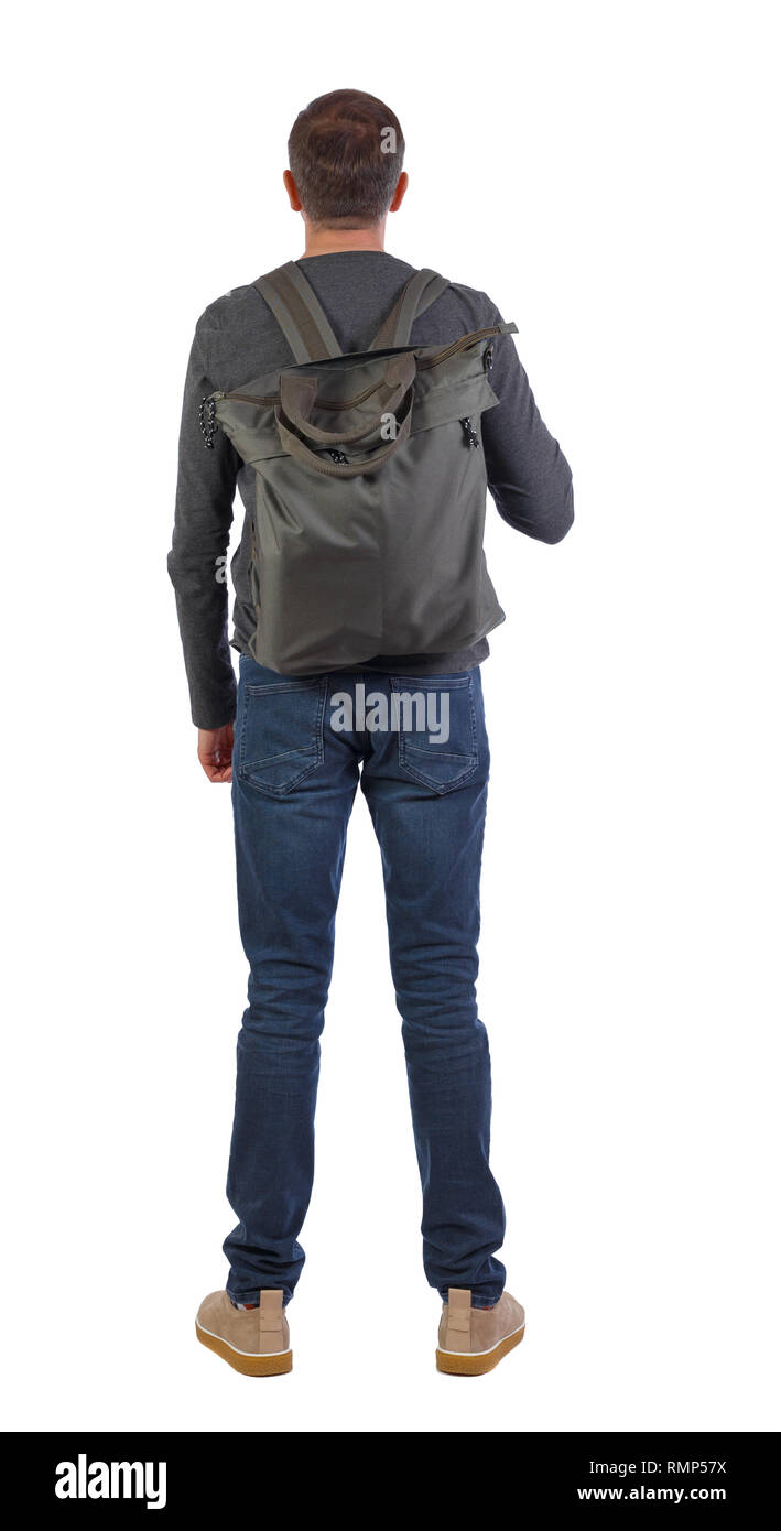 Back view of a man with a green bag. backside view of person. Rear view ...