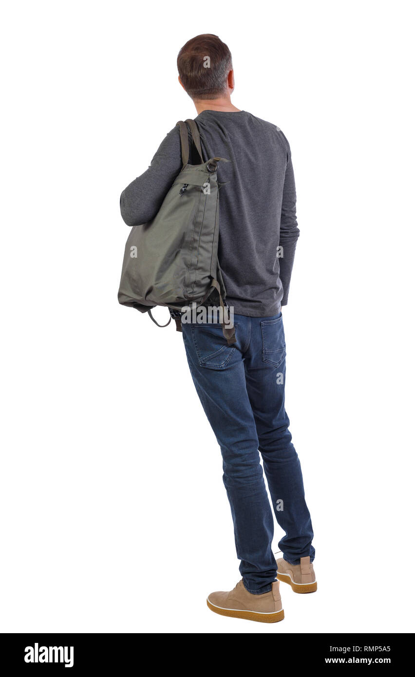 Back view of a man with a green bag. backside view of person. Rear view ...