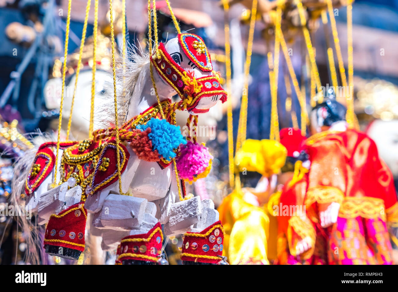 Traditional handicraft puppets for sale in the ancient pagoda in Bagan ...