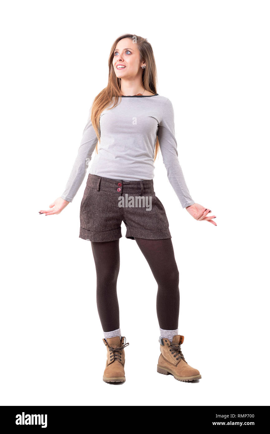 Amazed surprised young happy expressive woman in stylish clothes ...