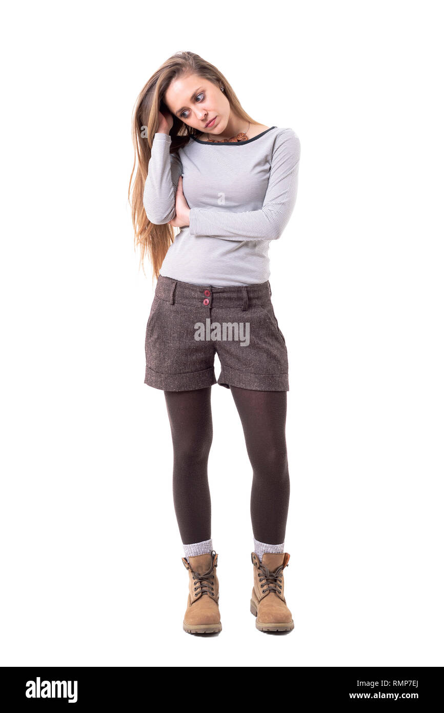 Young cute stylish sad disappointed woman with long hair thinking and ...