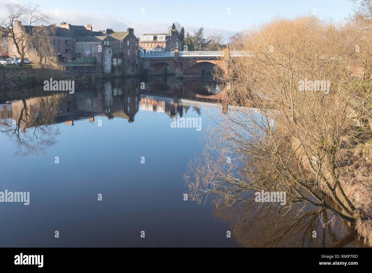 View of the River Nith in Dumfries, Scotland on a sunny winter day ...