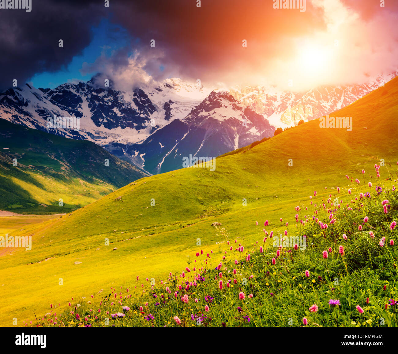Dramatic sky at the foot of Mt. Shkhara. Upper Svaneti, Georgia, Europe ...