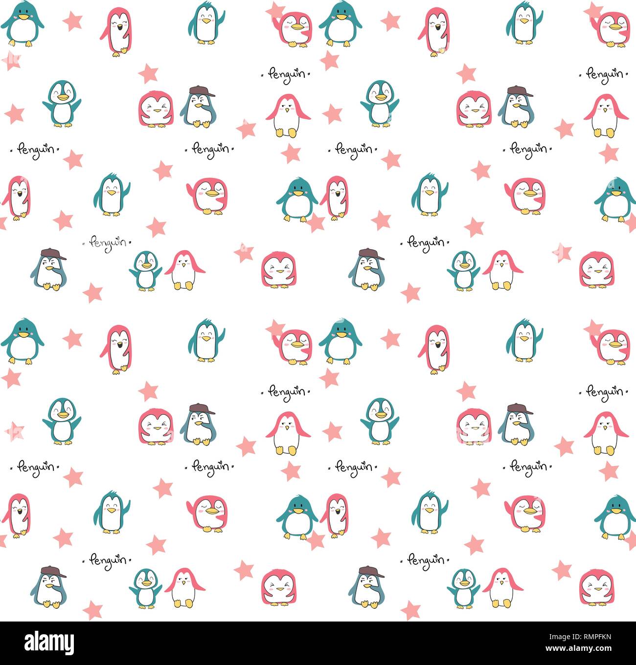 seamless pattern cute pink and blue green penguins Stock Vector Image ...