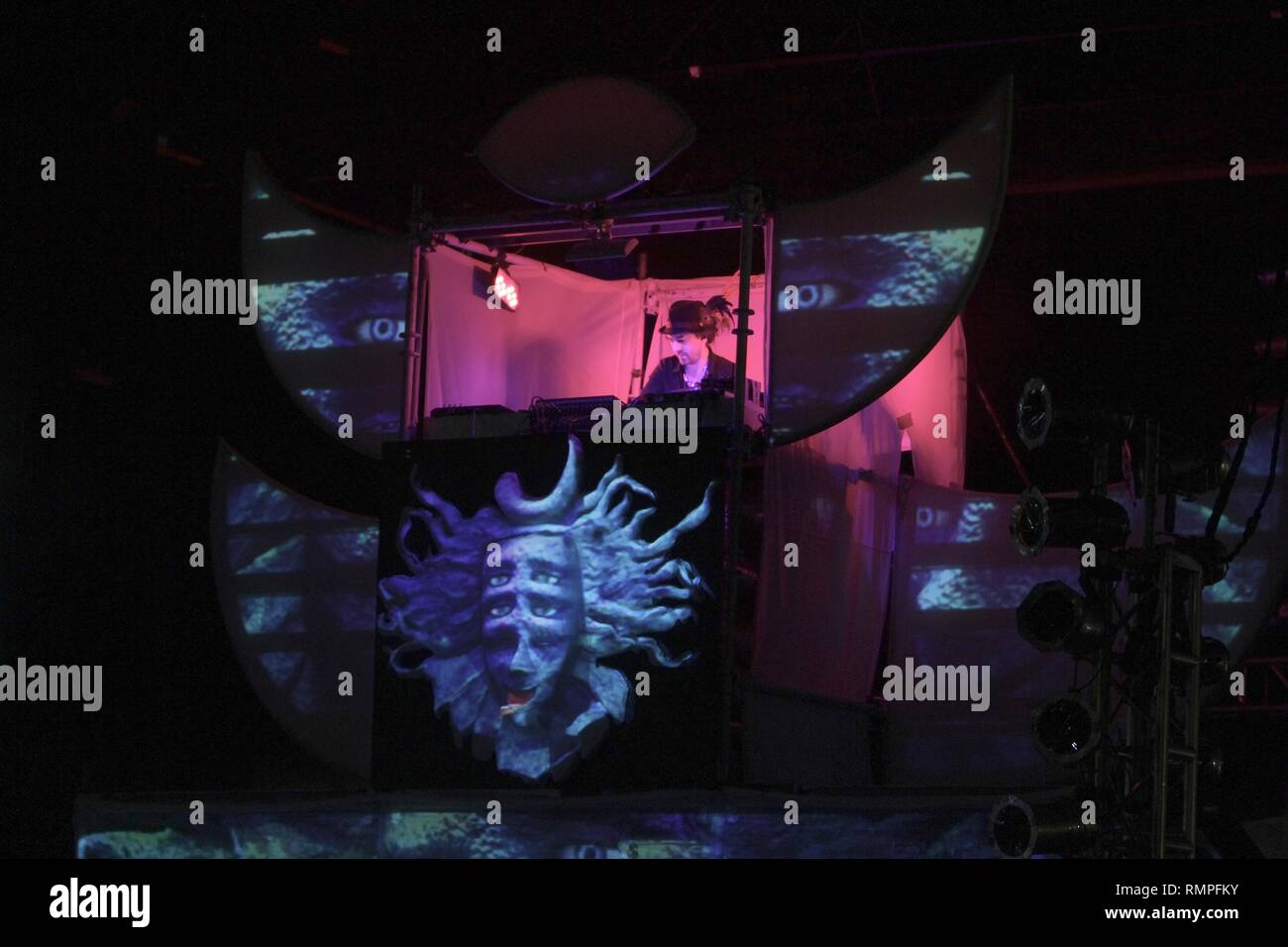 Shpongle is shown performing on stage during his "live" concert ...