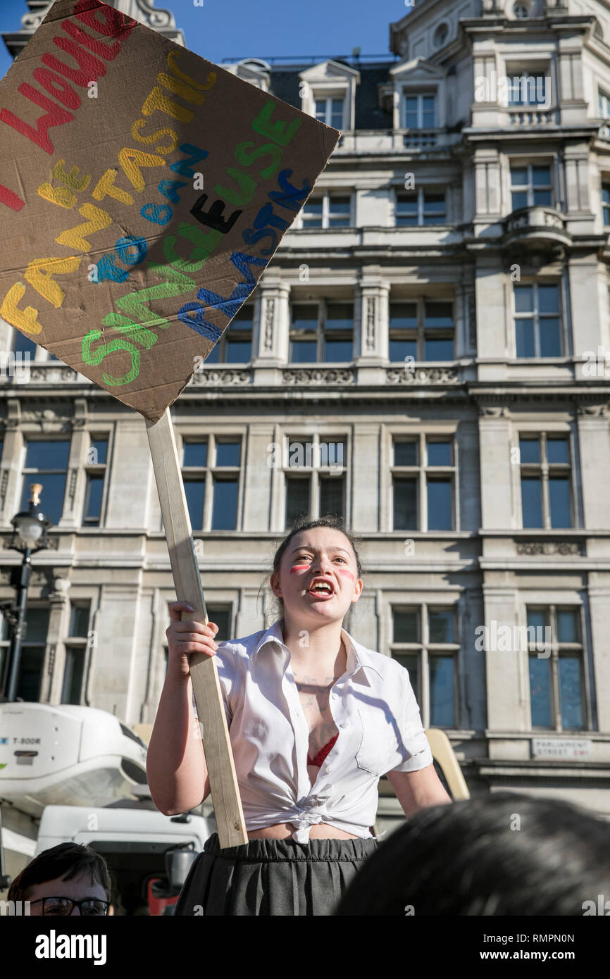 London, UK. 15th Feb, 2019. Dressed in her school uniform and holding a ...