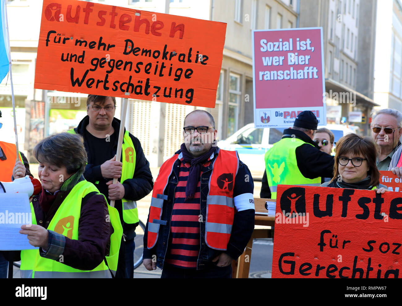 Magdeburg, Germany. 16th Feb, 2019. Demonstrators are standing with ...