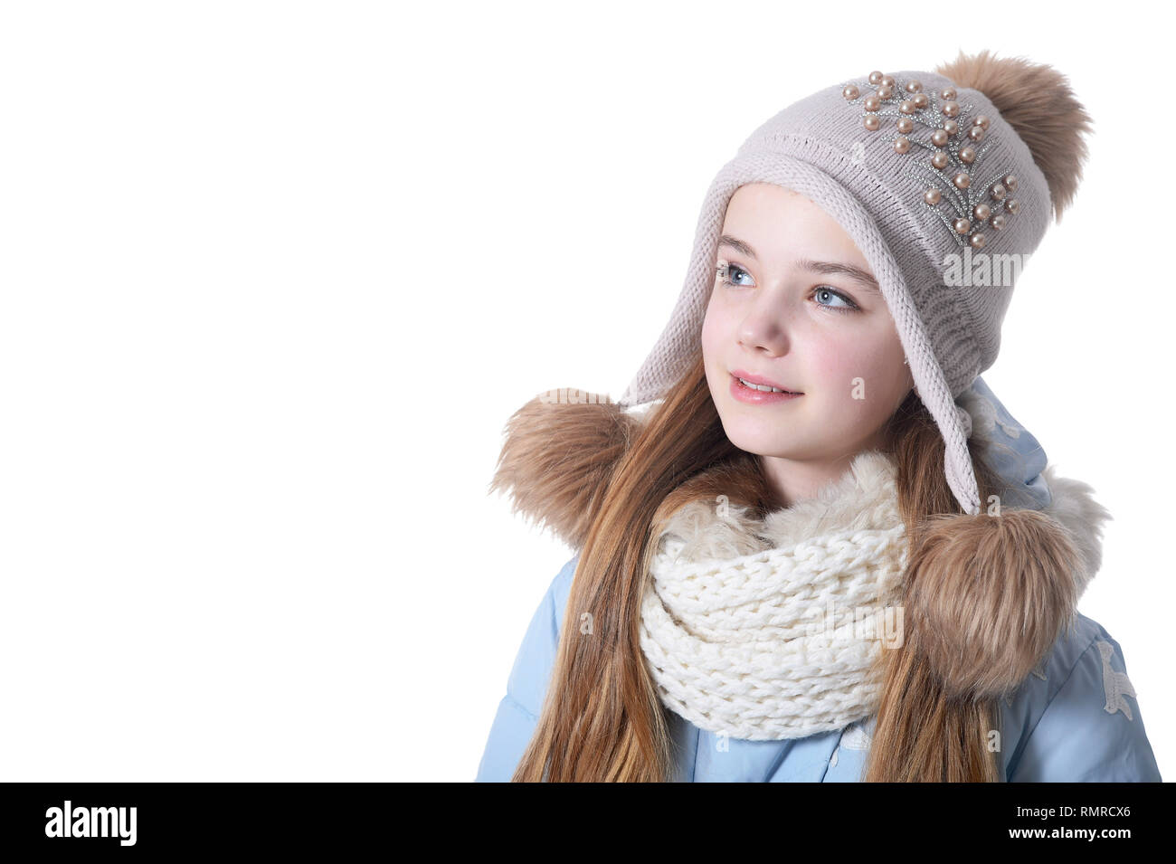 Portrait of girl in warm clothes isolated on white background Stock ...