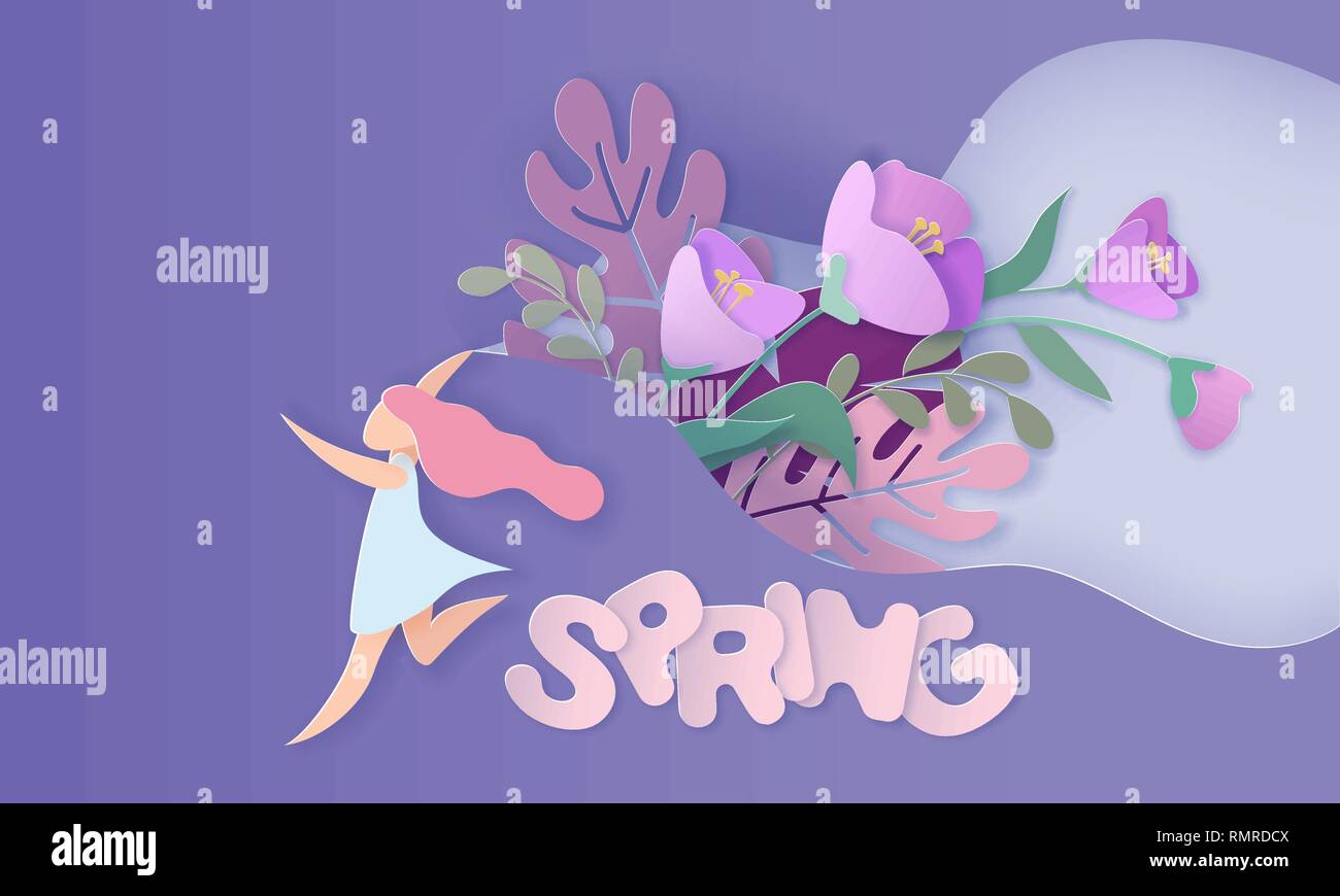Happy Spring illustration. Paper cut girl running cutout blue sky with ...