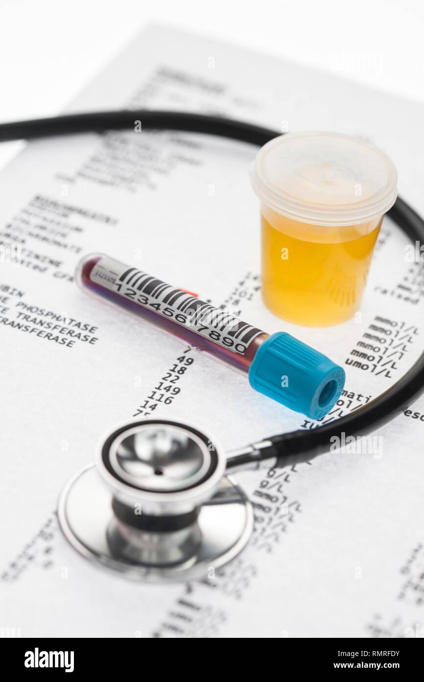 Medical check-up including blood and urine test samples and result ...