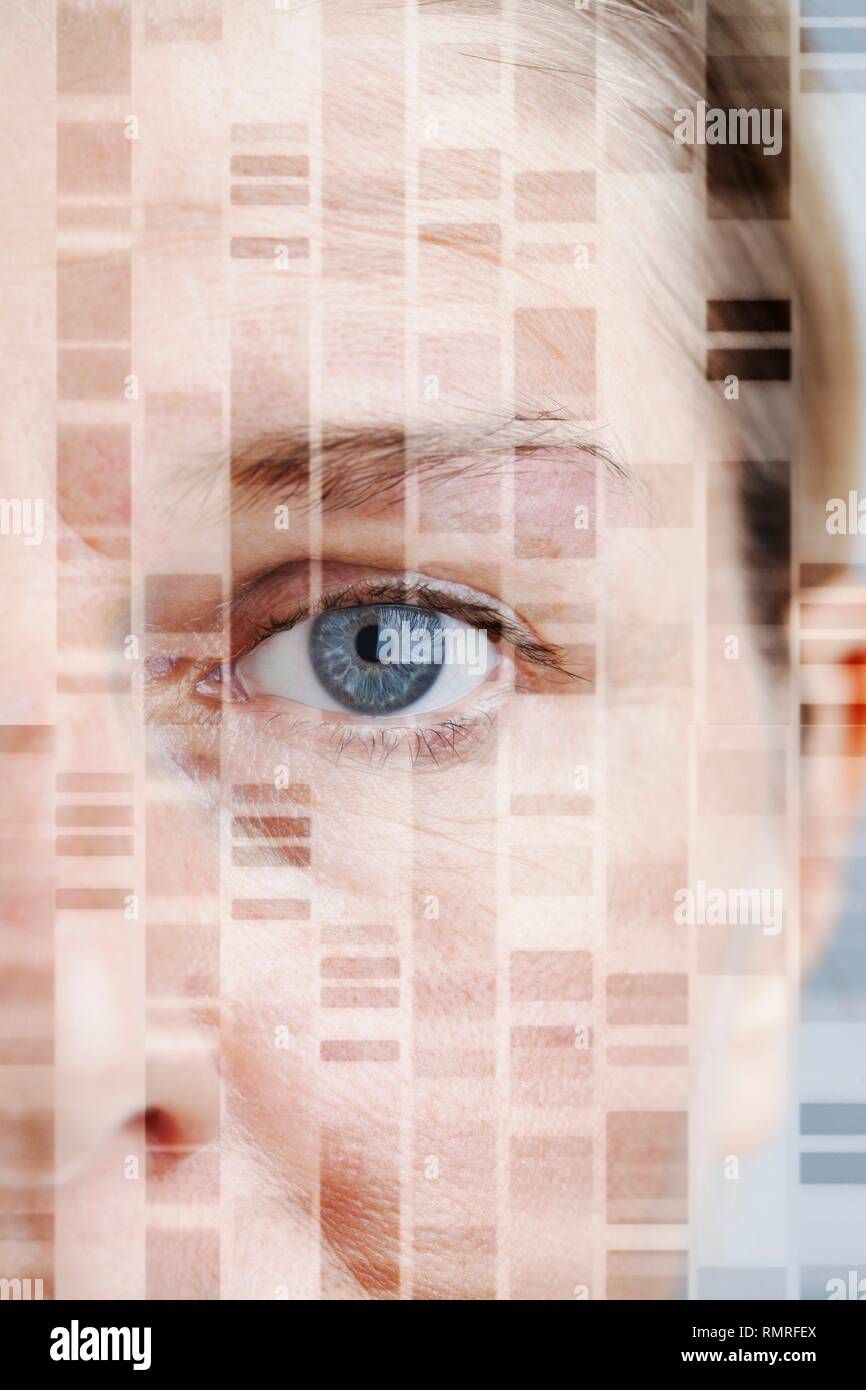 Conceptual composite image of a woman's face with DNA (deoxyribonucleic ...