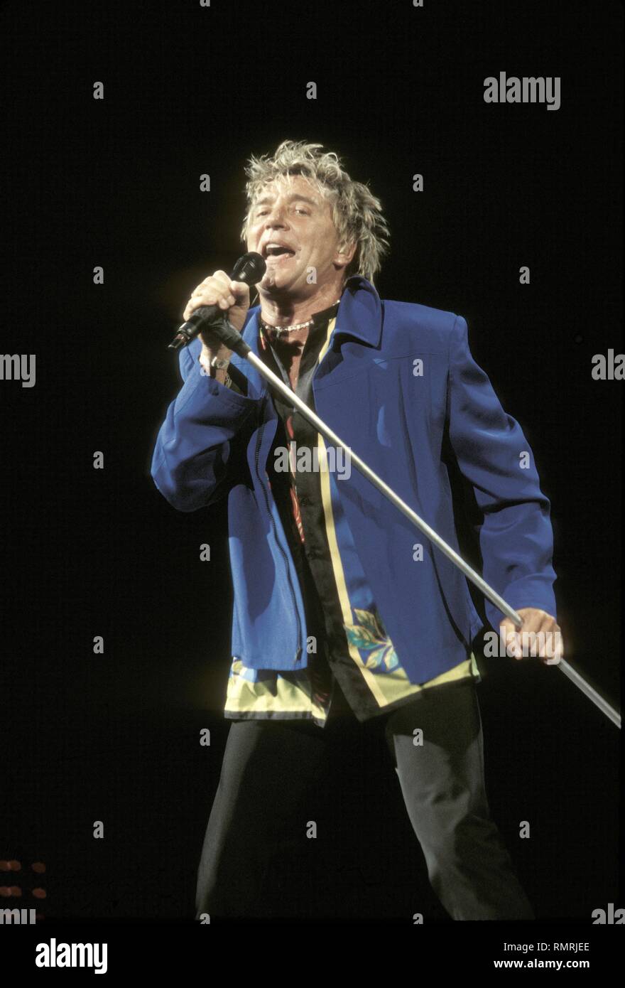 Singer and songwriter Rod Stewart is shown performing on stage during a ...