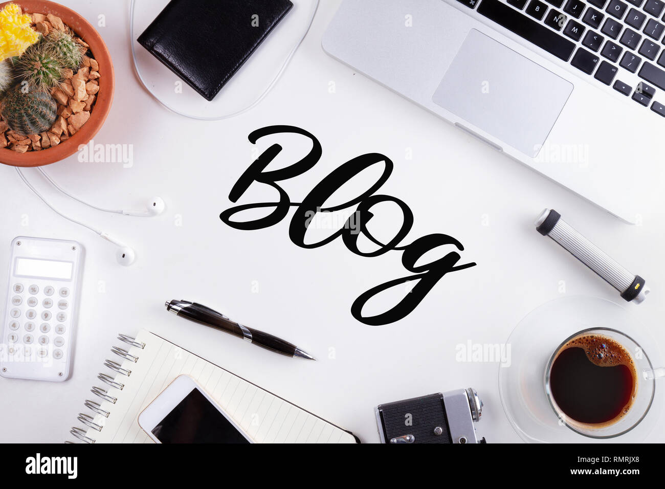 blog concepts ideas with styled workspace with laptop, phone, notebook ...