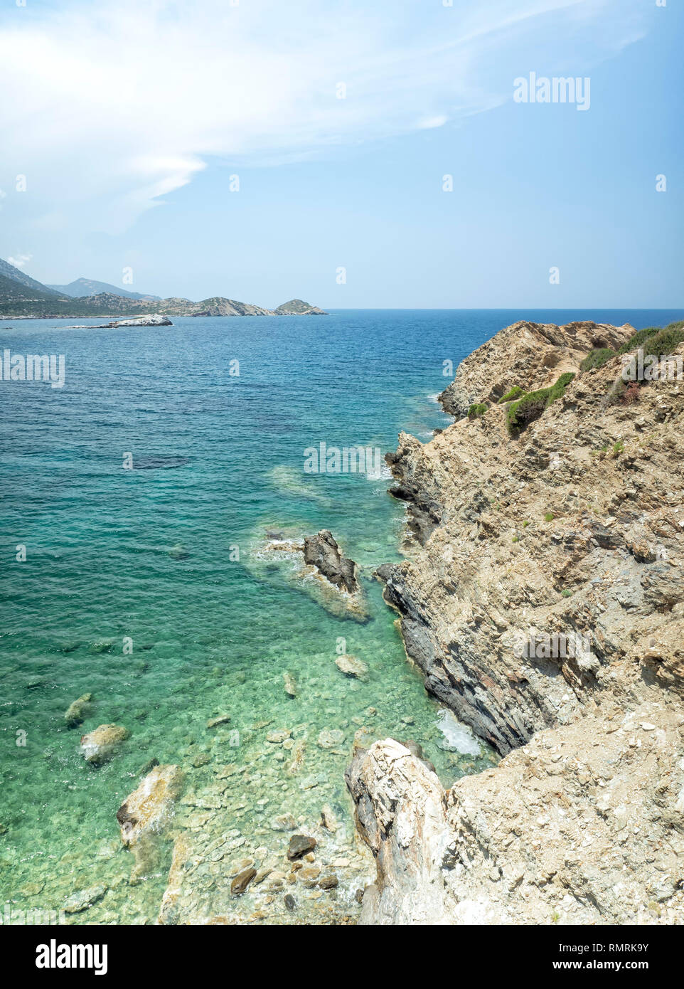 Turquoise and green sea, view from the cliff of Vrahi Beach and Beach ...