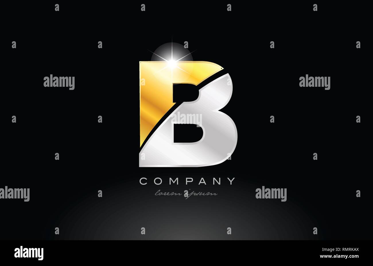 letter B alphabet logo icon design with gold silver grey metal on black ...
