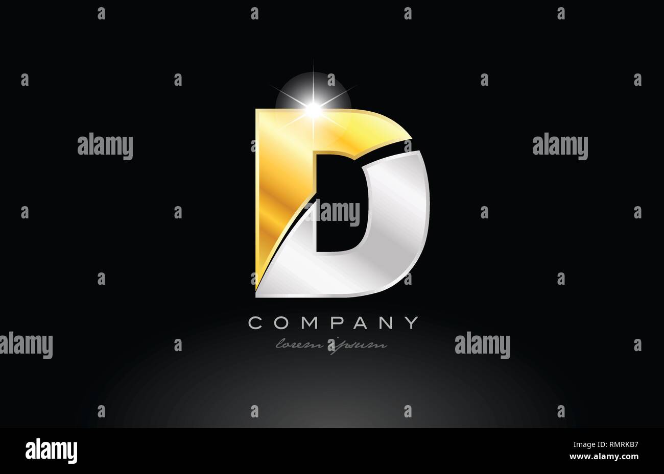 letter D alphabet logo icon design with gold silver grey metal on black ...