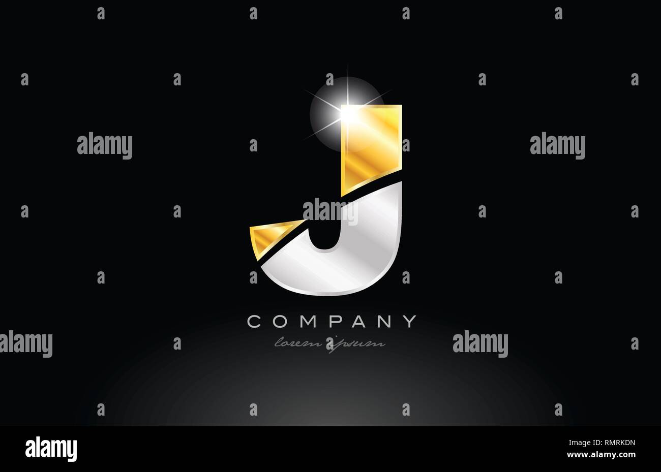 letter J alphabet logo icon design with gold silver grey metal on black ...