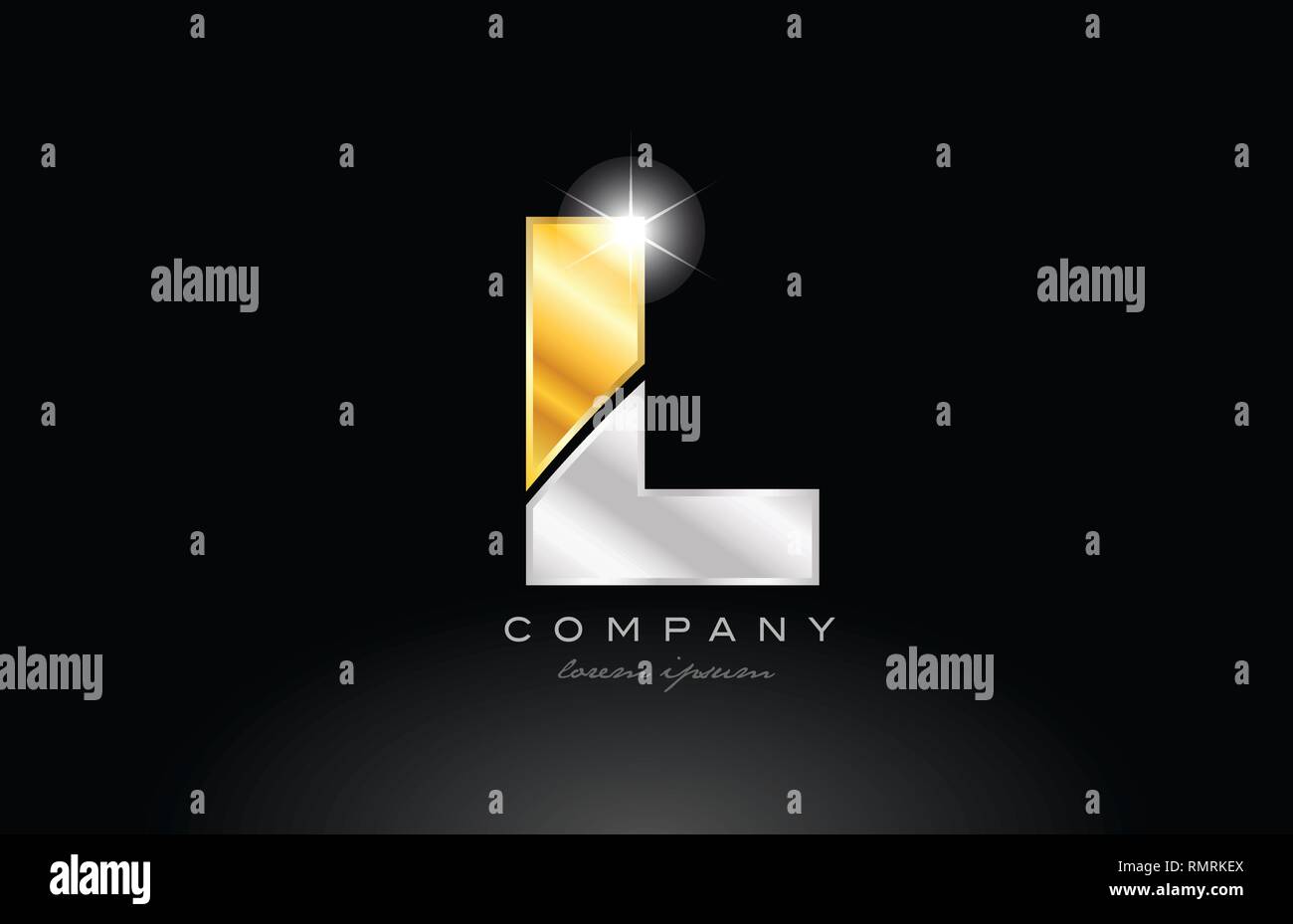 letter L alphabet logo icon design with gold silver grey metal on black ...
