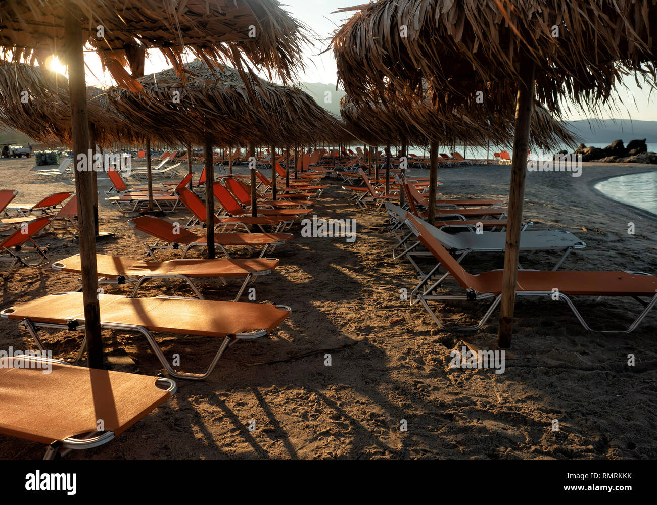 Empty beach early in the morning at Elafonisi Lagoon, Crete Island ...