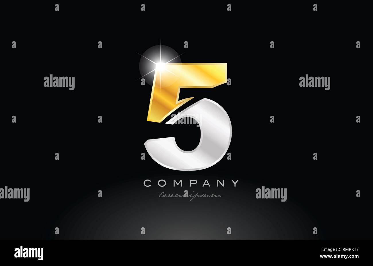 number 5 logo icon design with gold silver grey metal on black ...