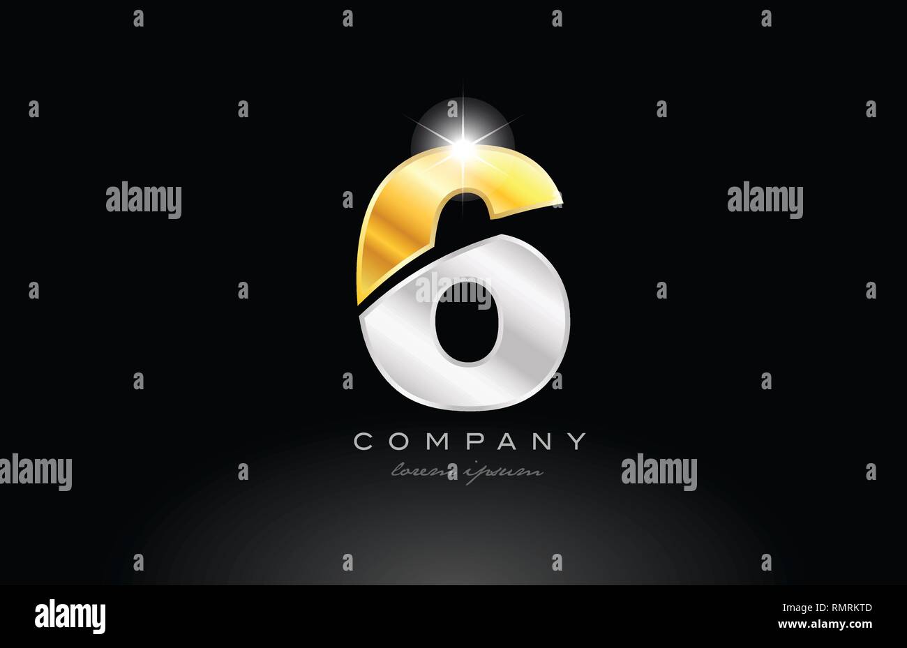 number 6 logo icon design with gold silver grey metal on black ...