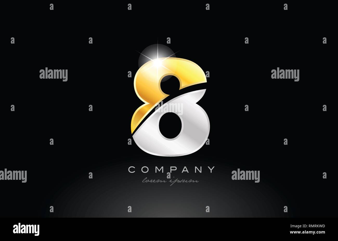 number 8 logo icon design with gold silver grey metal on black ...